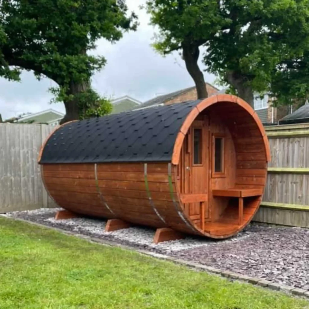 Ehala 400 Barrel Sauna 4m – Thermowood & Changing Room